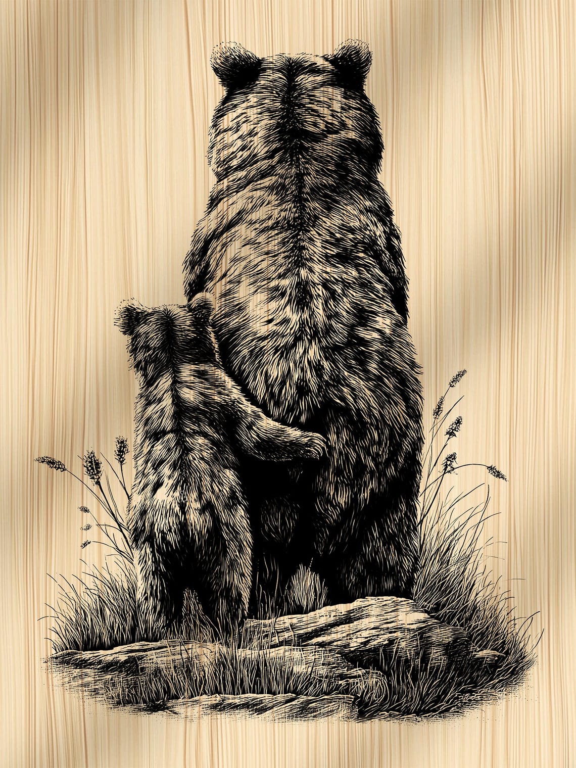 Bear & Cub Laser Engraving File, Parent Cub Rear View PNG for Wood ...