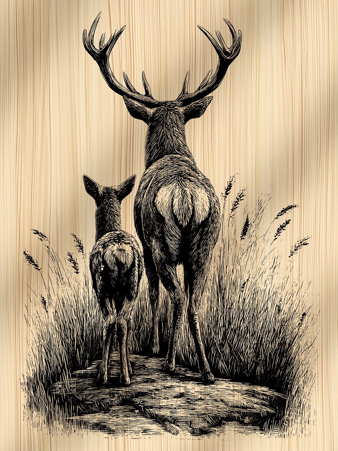 Deer & Her Fawn Laser Engraving File, Stag Fawn Rear View PNG for Wood ...