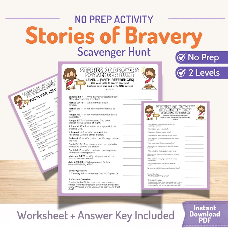 Bible Stories of Bravery Scavenger Hunt | Kids Bible Activity (2 Levels ...