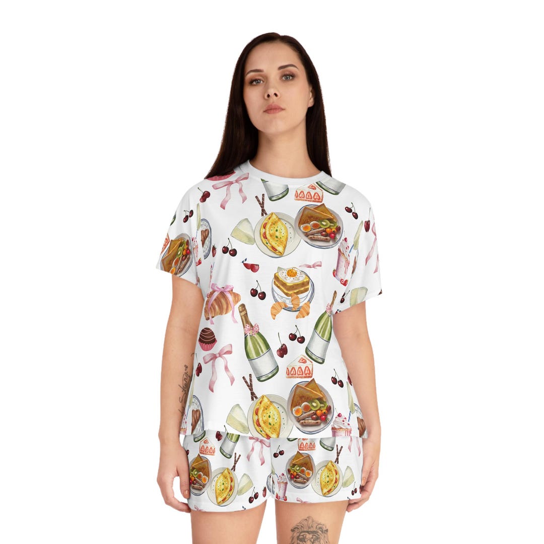 Champagne Brunch Pajama Set | Women's Short Pjs, Breakfast Print - Etsy