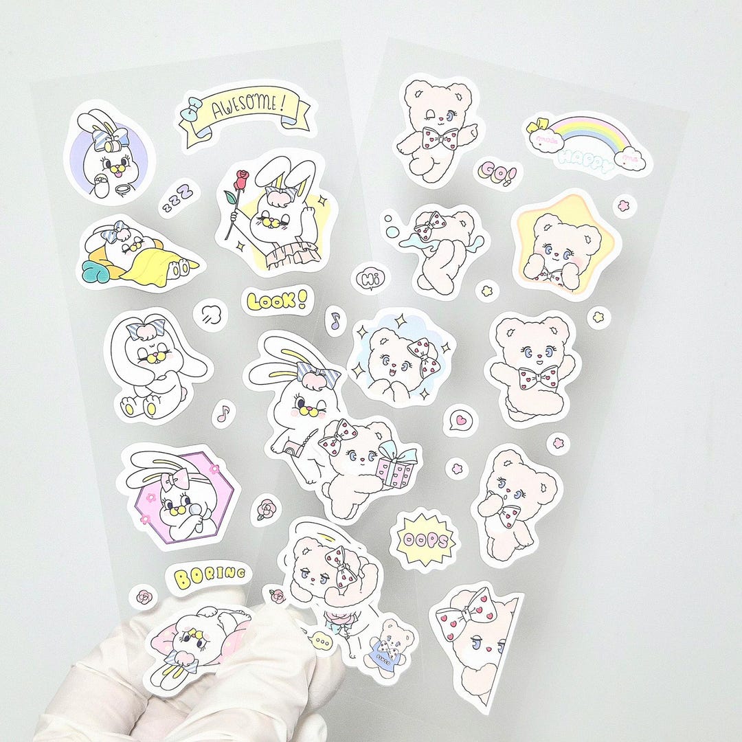 Pastel Bear & Bunny Friends Clear Sticker Set, Seal Sticker, Craft ...