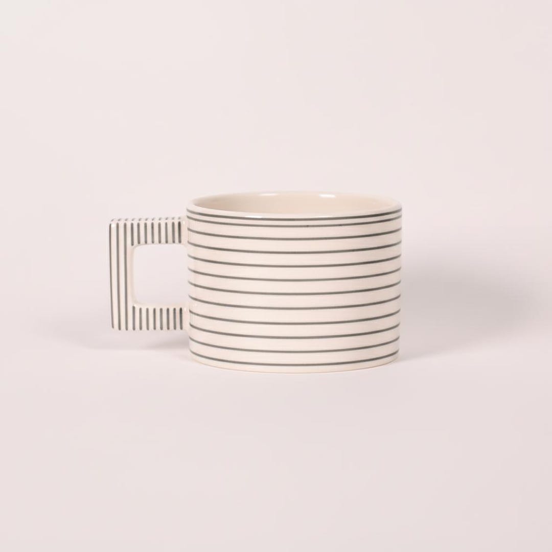 Modern Stripe Ceramic Mug With Square Handle, Minimalist Black and ...