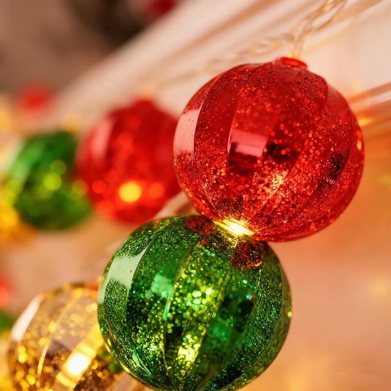 Christmas Glitter Ball String Lights, Red Green Gold Festive Ornament ...