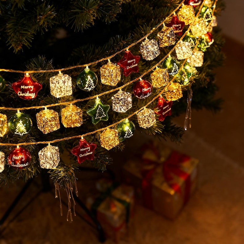 Christmas Multi-shape String Lights,star Ball Cube Festive Decor With ...
