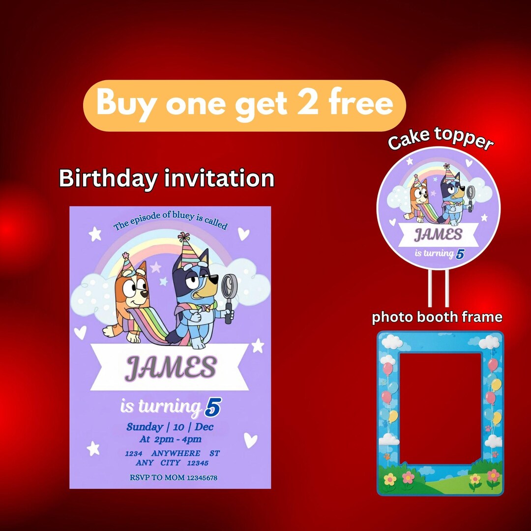 Bluey Birthday Invitation, Cake Topper & Photo Booth Frame (digital ...
