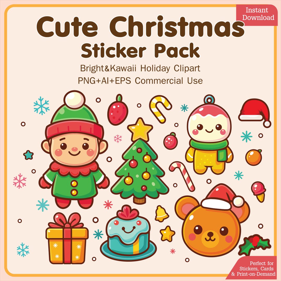 Kawaii Christmas Sticker Pack | Holiday Clipart (PNG + AI + EPS ...