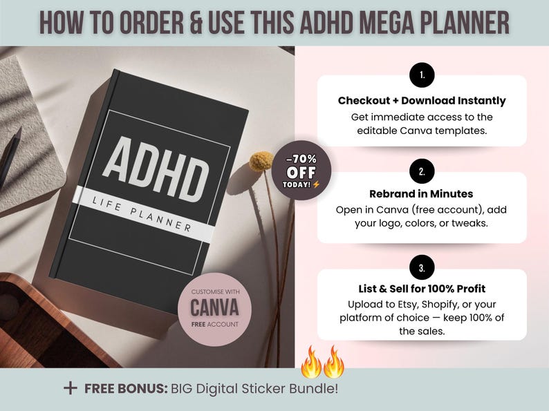1000 ADHD Life Planner & Calendar Bundle PDF, Editable Canva Templates ...