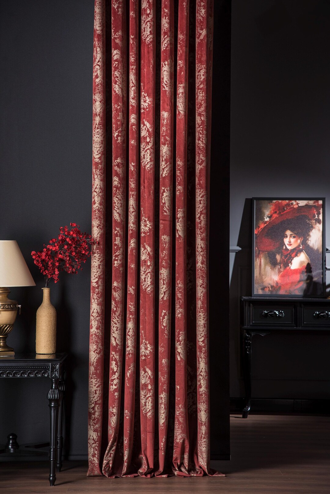 Luxury Terracotta Gold Damask Velvet Curtains, Vintage Baroque Drapery ...