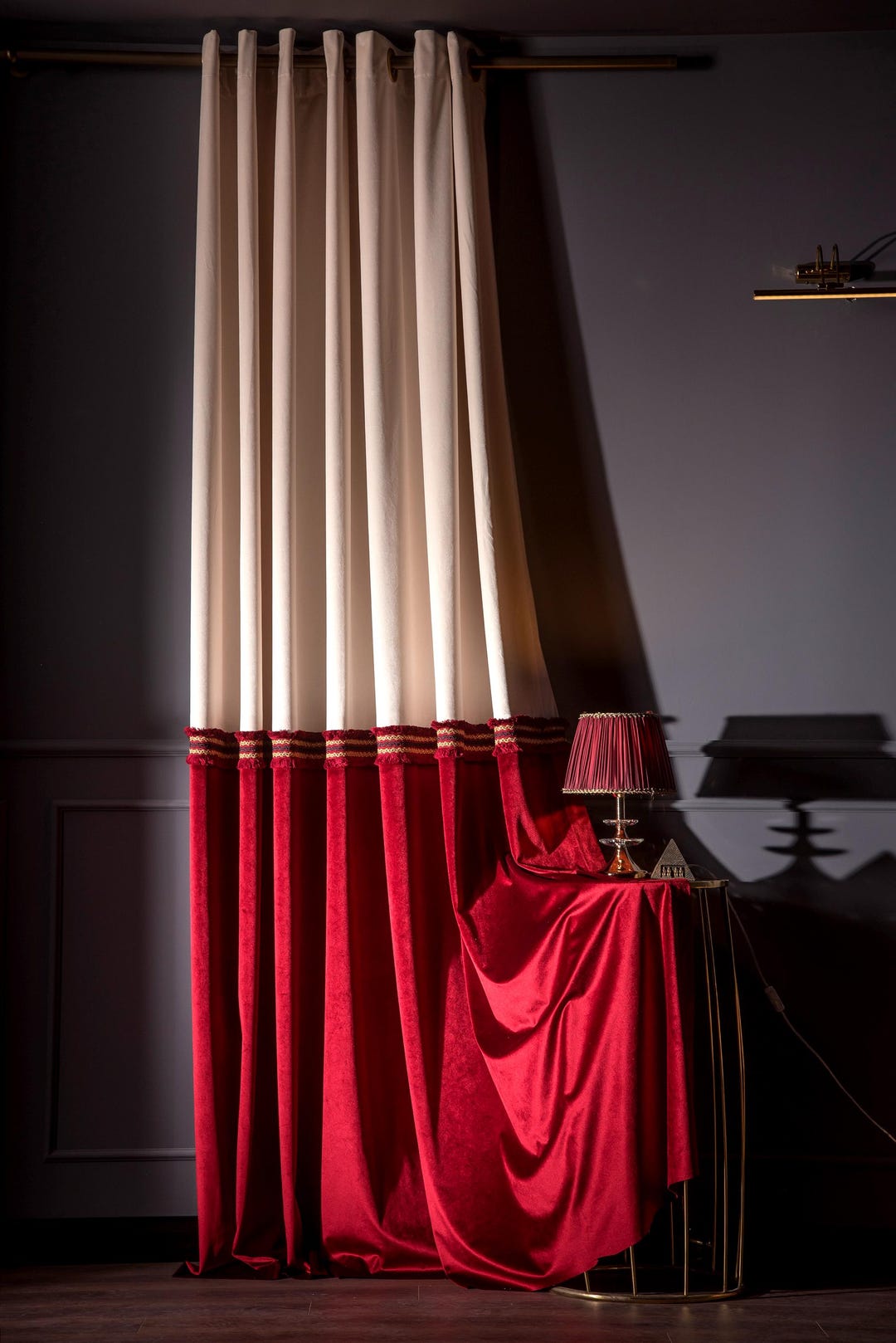 Two-tone Velvet Curtain Panel: Red & Cream, Custom Drapery - Etsy