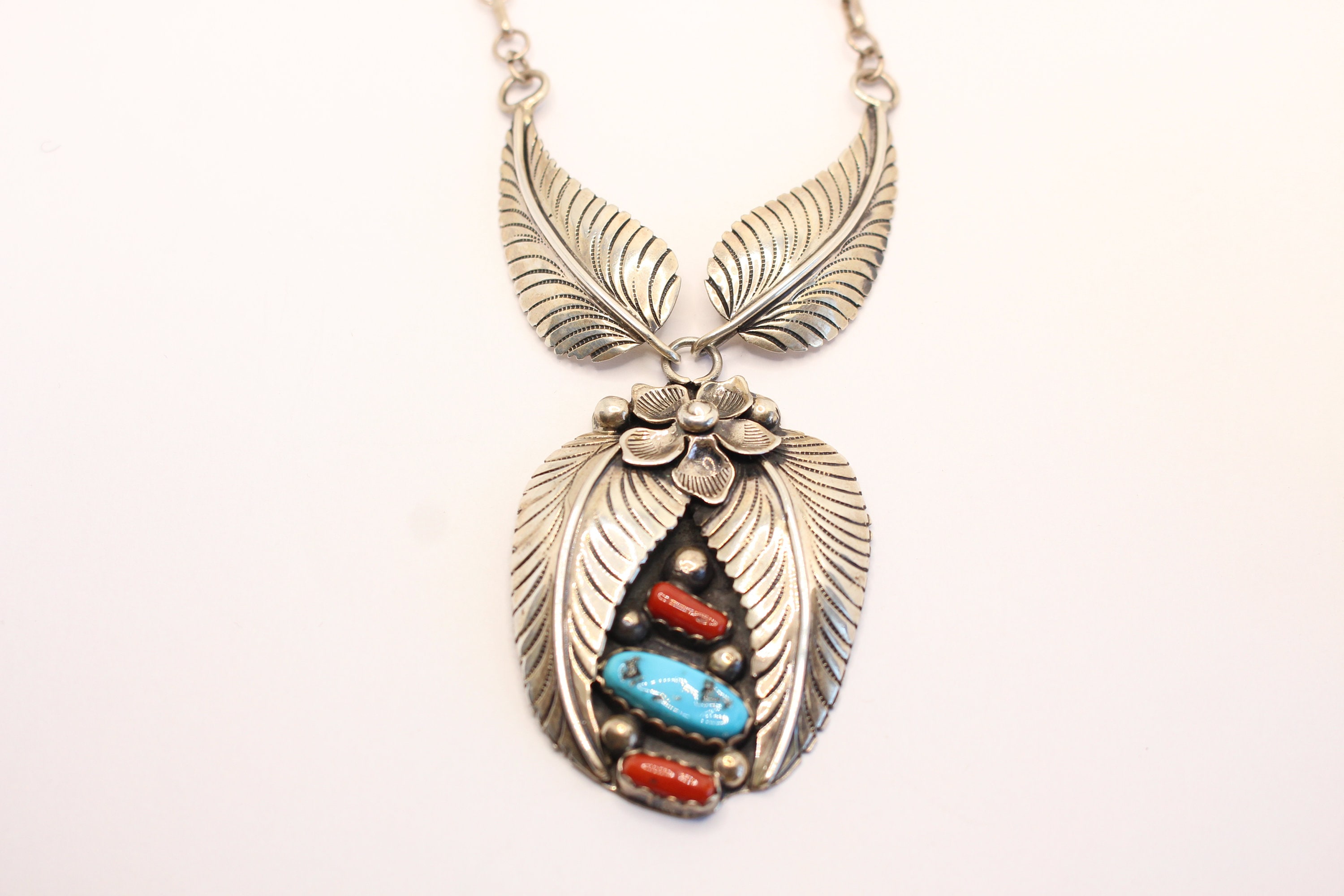 Sterling Silver Signed Apachito Navajo Turquoise and Coral Pendant ...