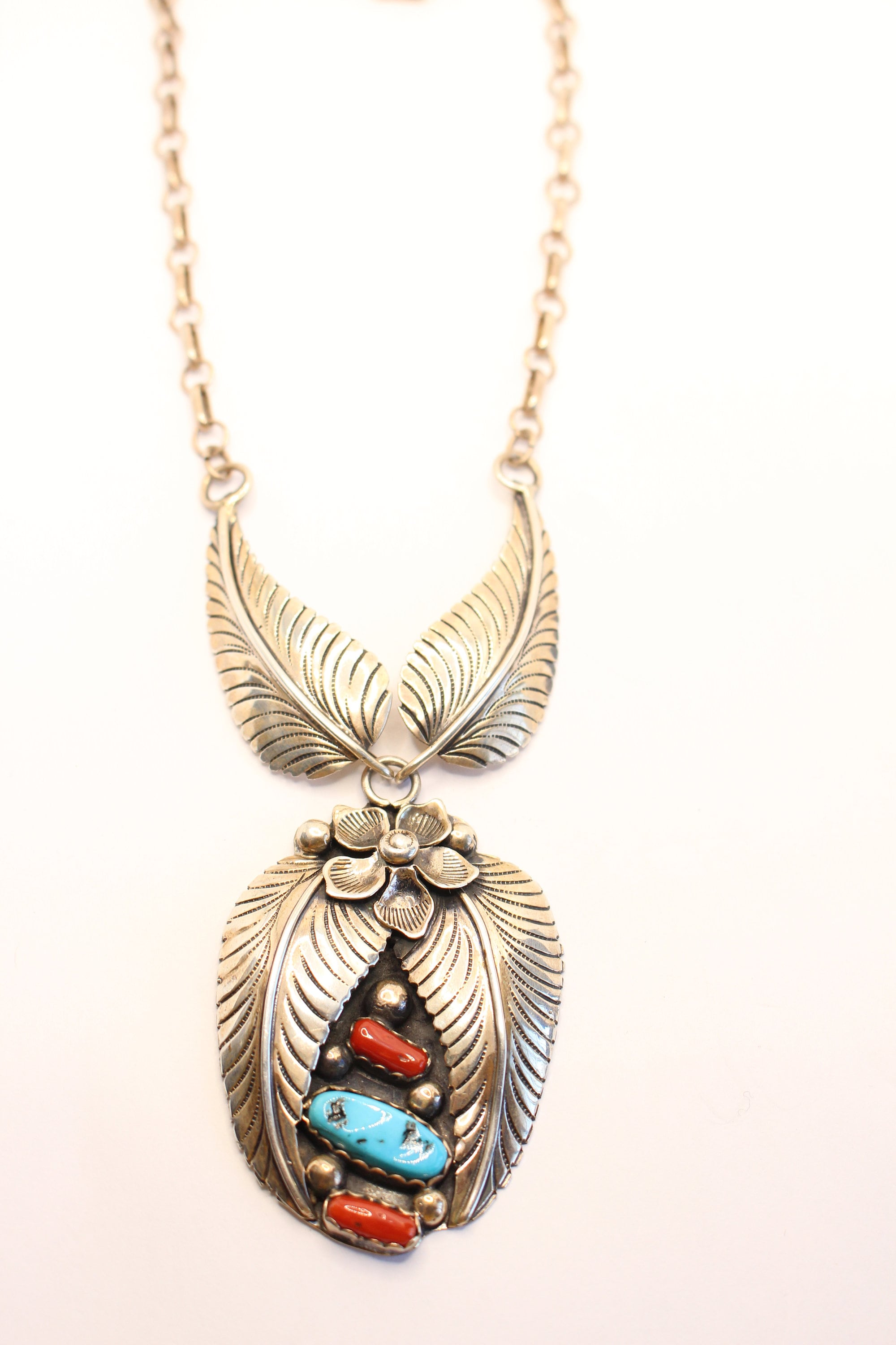 Sterling Silver Signed Apachito Navajo Turquoise and Coral Pendant ...