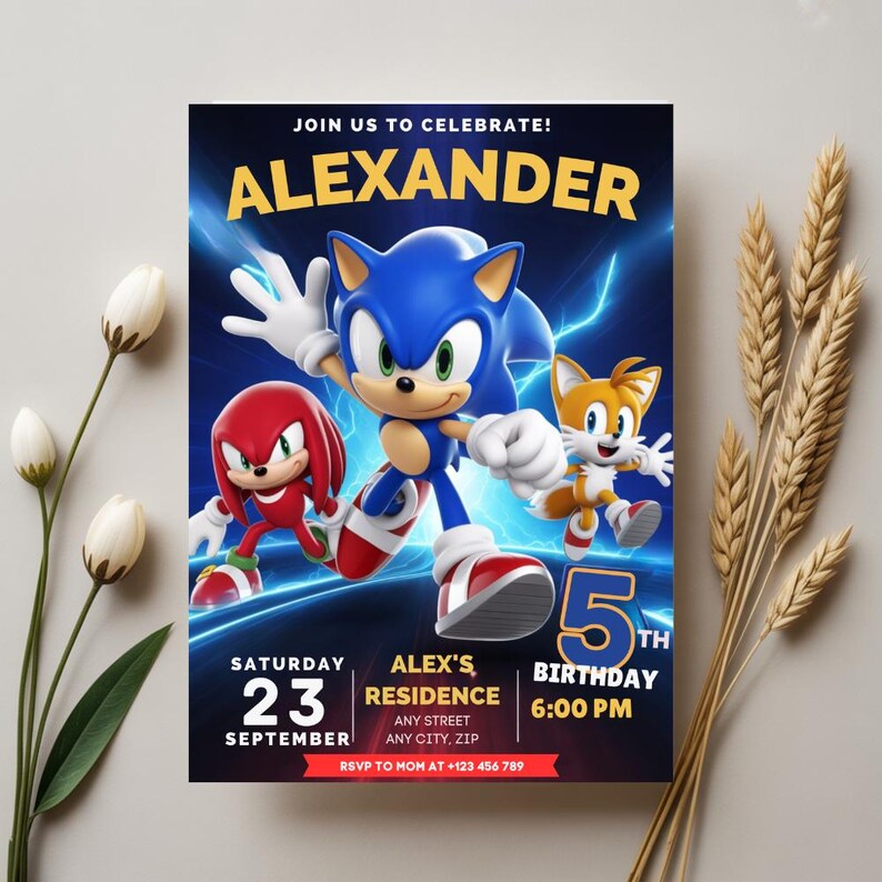 Sonic Birthday Invitation for Kids Party, Super Sonic Party Invitations ...
