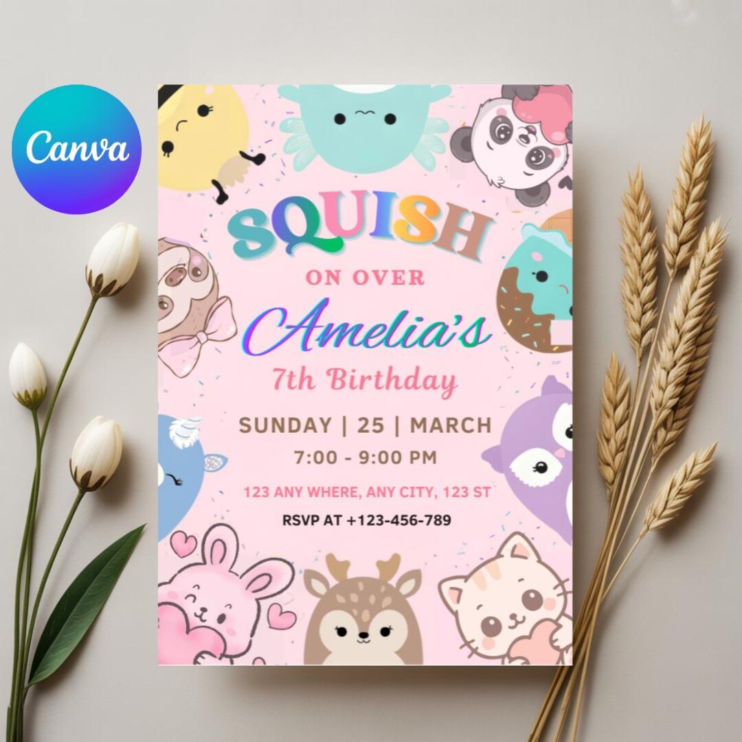 Editable Squishmallow Birthday Invitation, Squishmallow Invitation ...