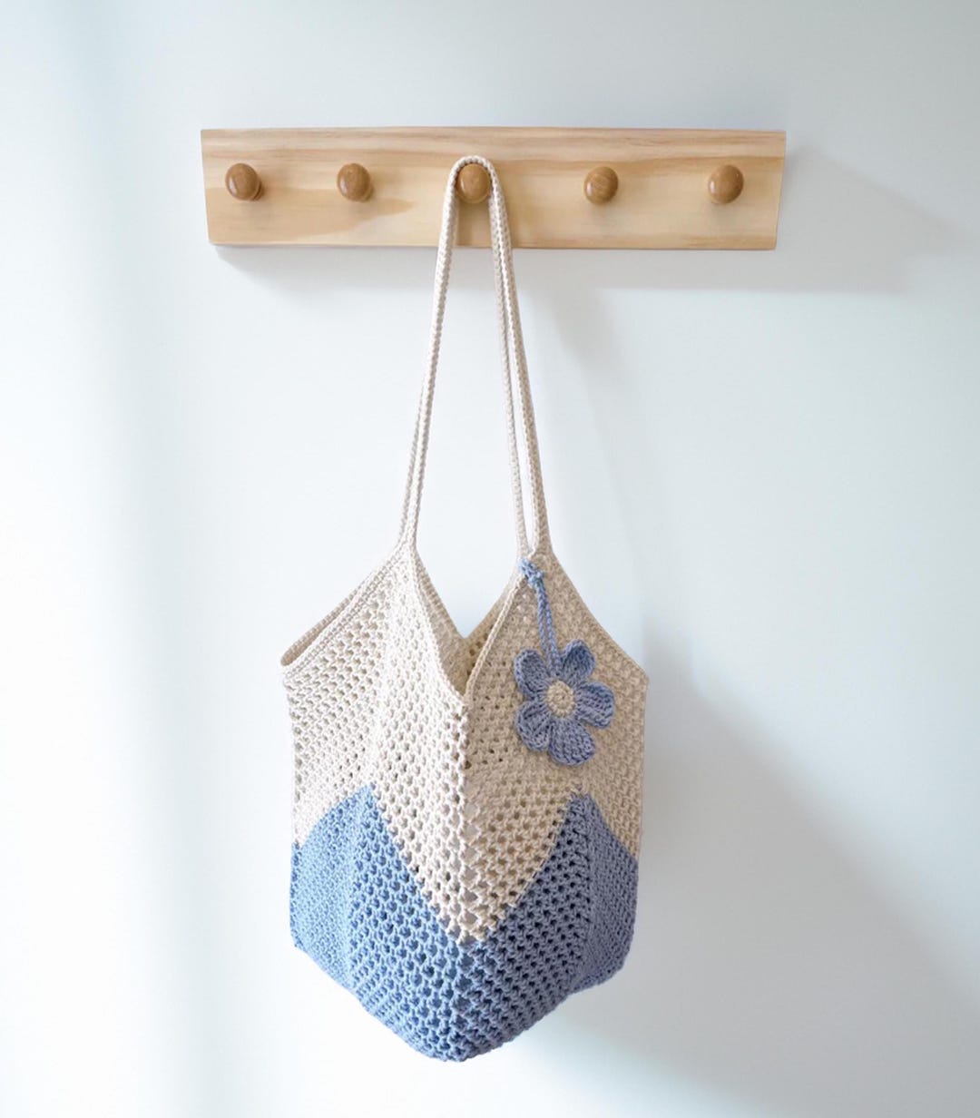 Crochet Chevron Tote Bag: Cream & Sky Blue With Flower Charm - Etsy