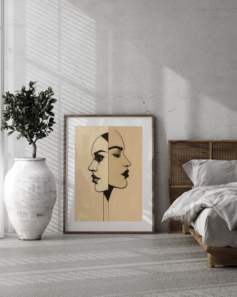 Minimalist Two Faces Line Art Print: Modern Beige Home Decor (digital ...
