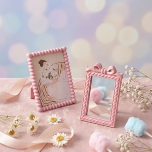 Decorative Pink Wall Mirror / Photo Frame, Vintage Bow & Beaded Frame ...