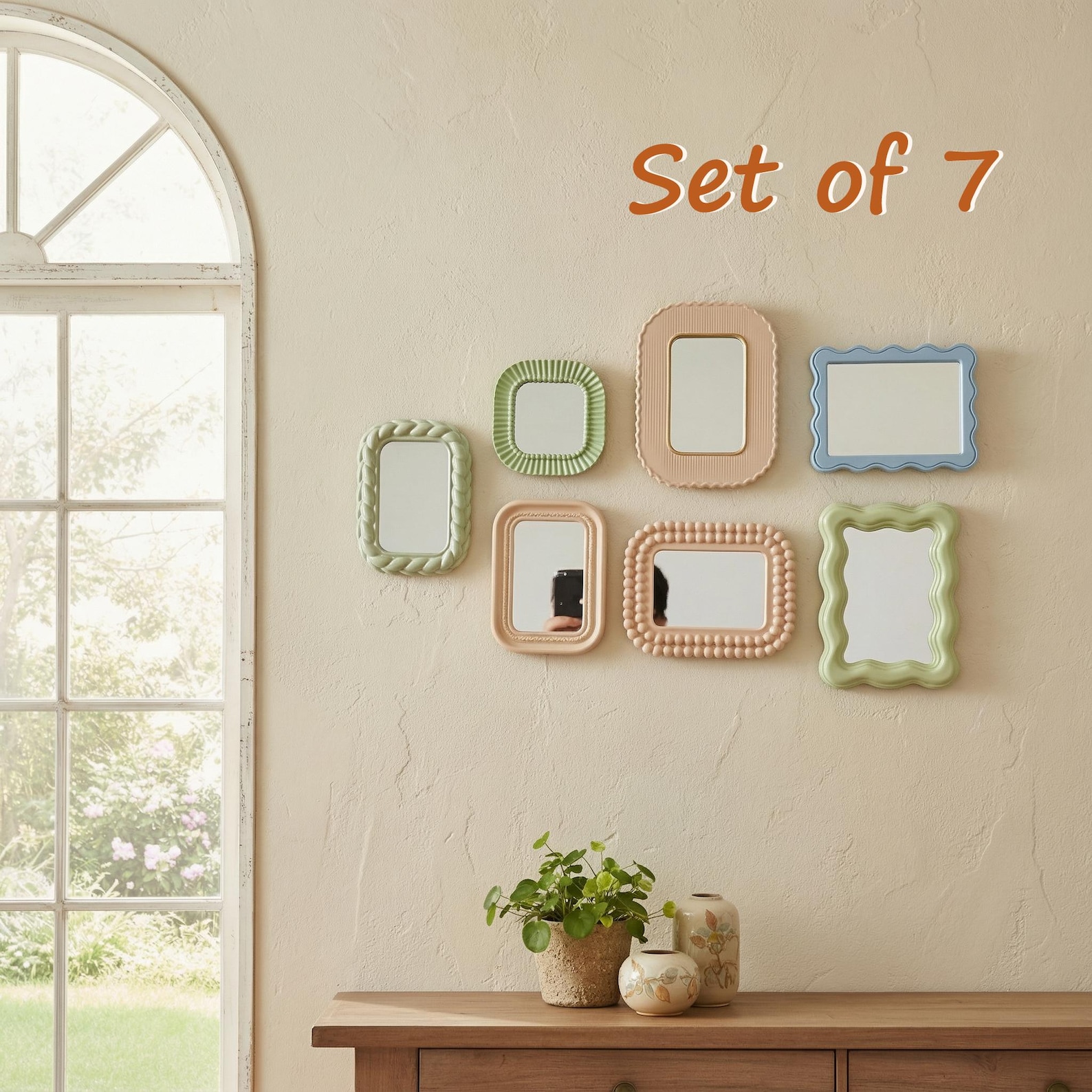 Set of 7 Decorative Wall Mirrors, Wavy Frame Mirror Set, Modern Accent ...