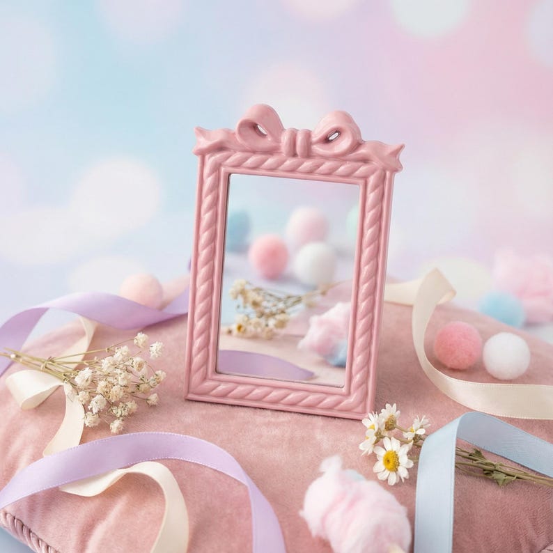 Decorative Pink Wall Mirror / Photo Frame, Vintage Bow & Beaded Frame ...