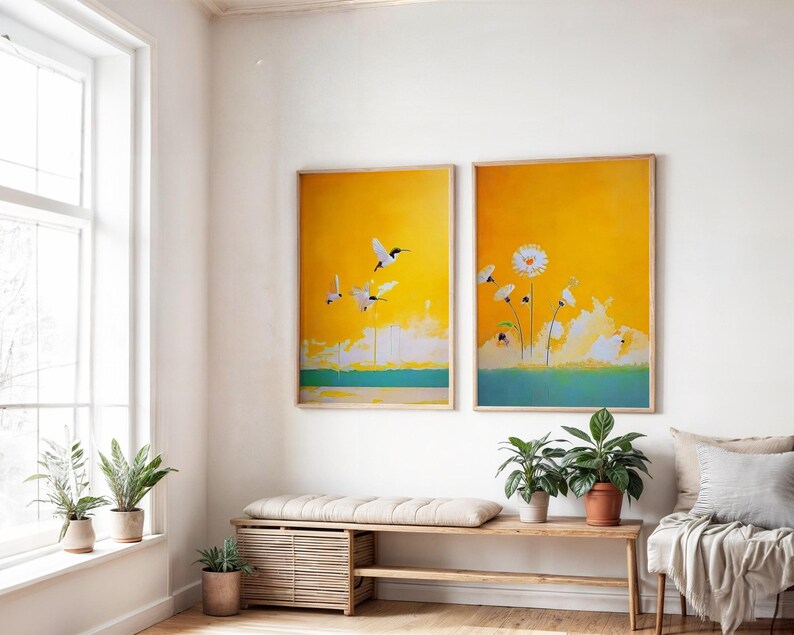 Abstract Hummingbird & Daisy Wall Art Set | Modern Prints (digital ...