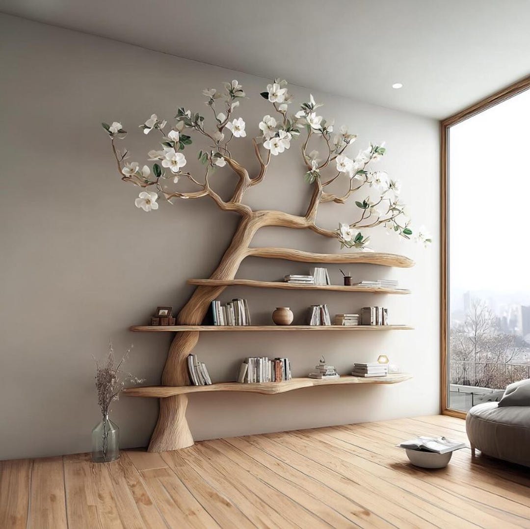 Handcrafted Wooden Tree Bookshelf – Nature-inspired Wall Shelf | Rustic ...