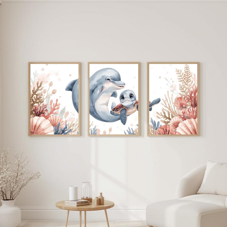 Ocean Nursery Wall Art Set, Dolphin Turtle Coastal Decor (digital ...