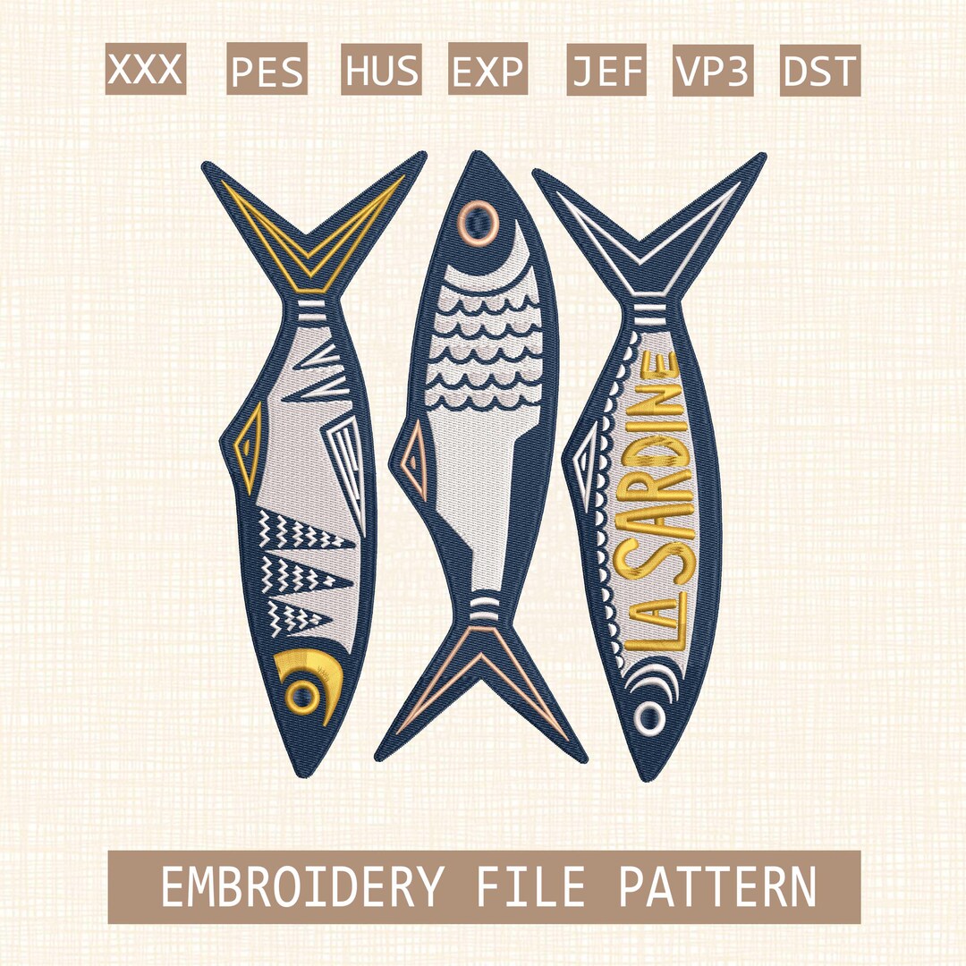 Sardine Trio Embroidery Design, Italian Summer, Sardine Embroidery ...