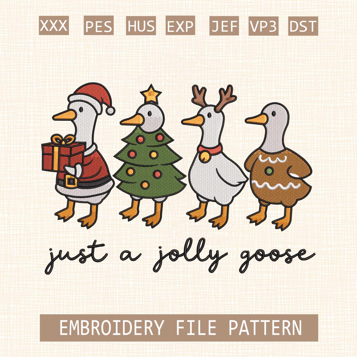 Diseño de bordado navideño "Just a Jolly Goose", bonito patrón de ganso ...