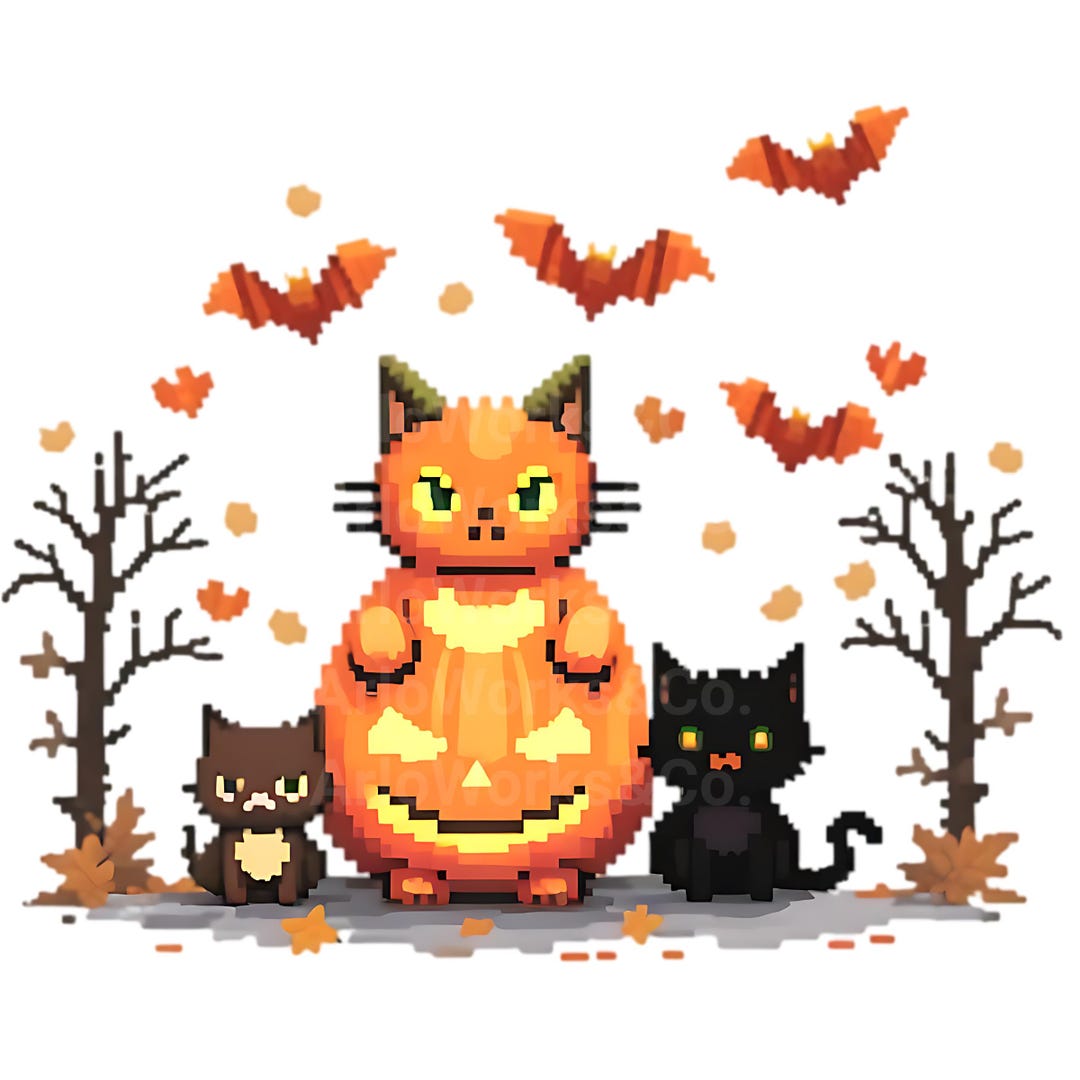 Pixel Art Halloween Clipart: Cats, Pumpkins, Backgrounds (digital ...