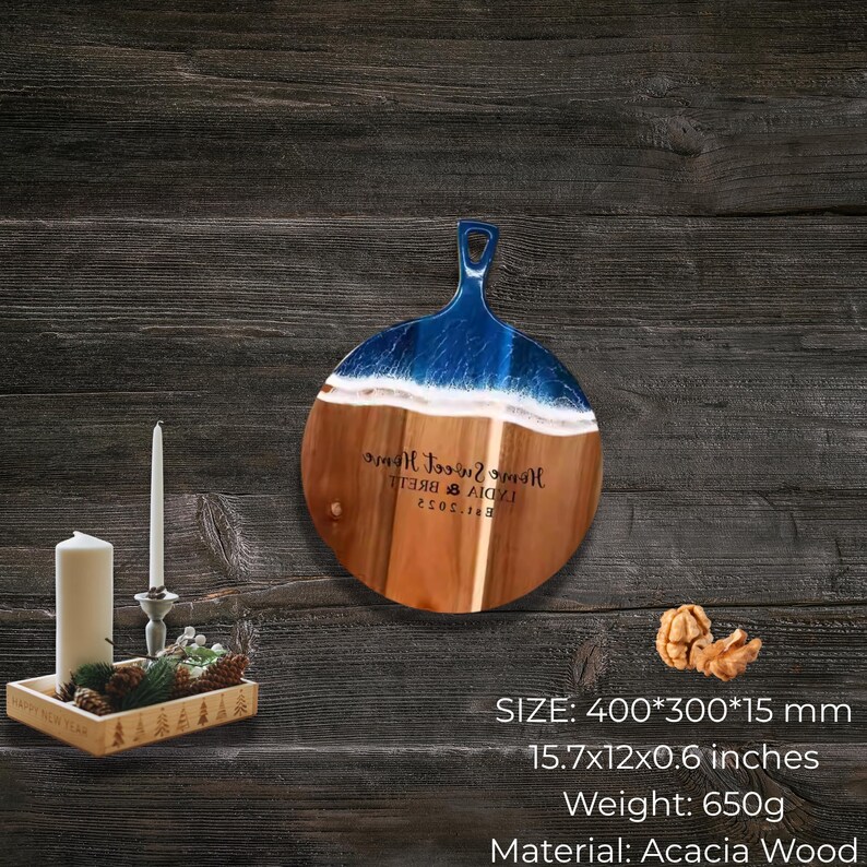 Personalized Acacia Cutting Board, Resin Ocean Wave, Minimalist Coastal ...