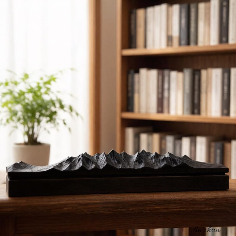 Japandi Mountain Incense Box | Hand Carved Black Walnut Burner With Lid ...
