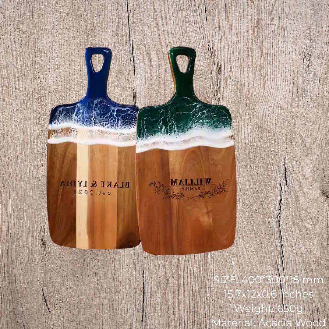 Personalized Acacia Cutting Board, Resin Ocean Wave, Minimalist Coastal ...