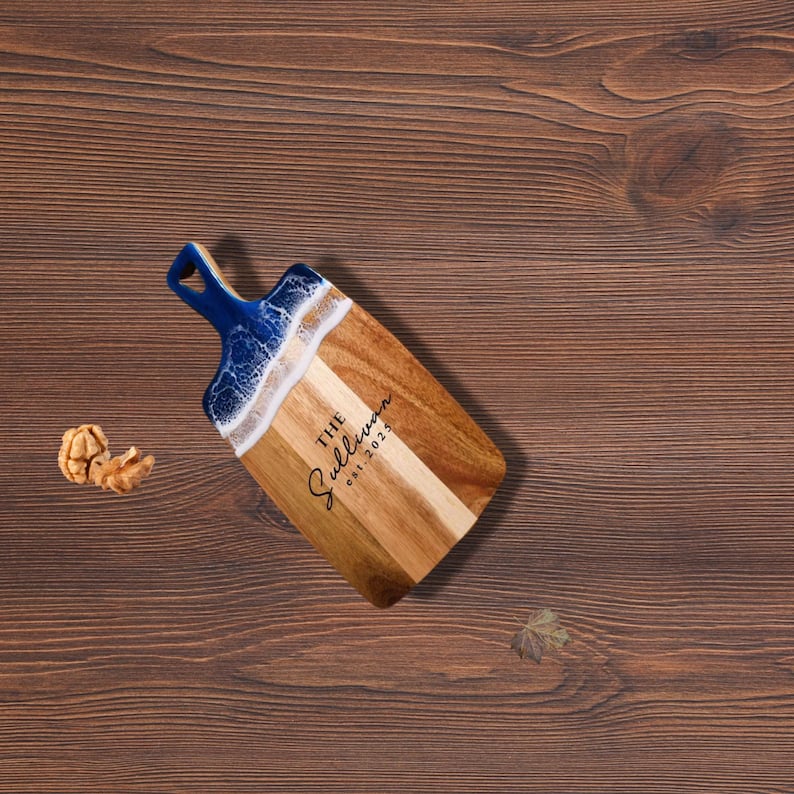 Personalized Acacia Cutting Board, Resin Ocean Wave, Minimalist Coastal ...