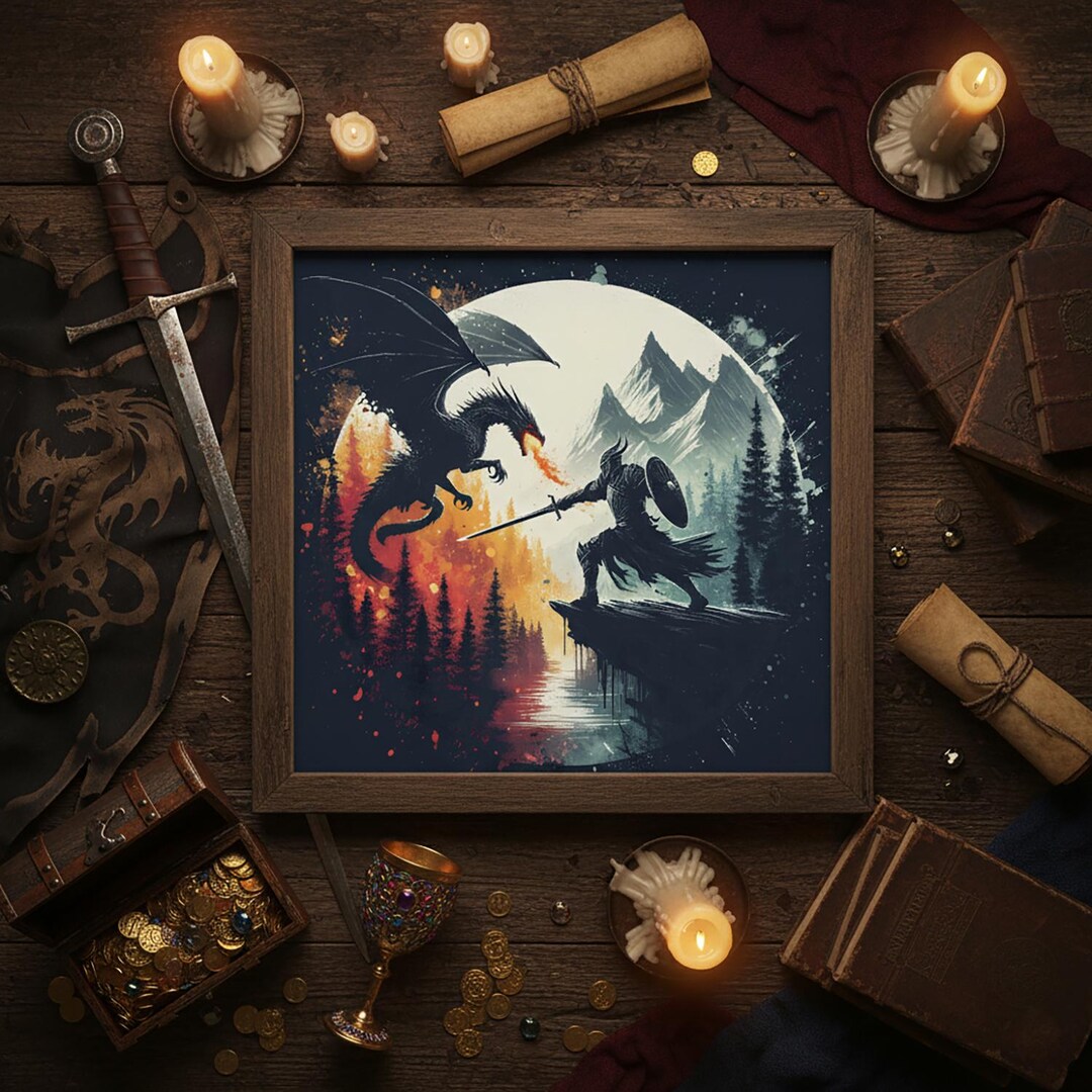 Dragon's Sunset Standoff | Knight Vs Dragon Digital Art Print | Epic Fantasy Wall Decor | Gaming ...