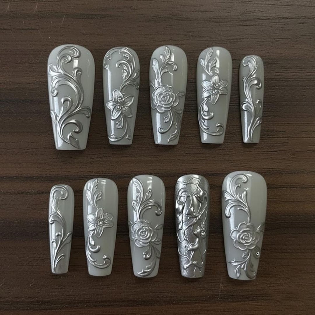 Handmade Silver Baroque Press on Nails With 3D Floral Scroll Art | Long ...