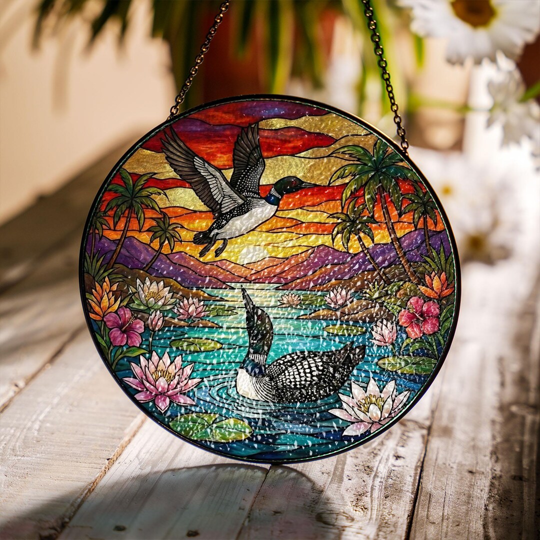 Loon Couple Stained Glass Suncatcher, Wildlife Bird Window Hanging ...