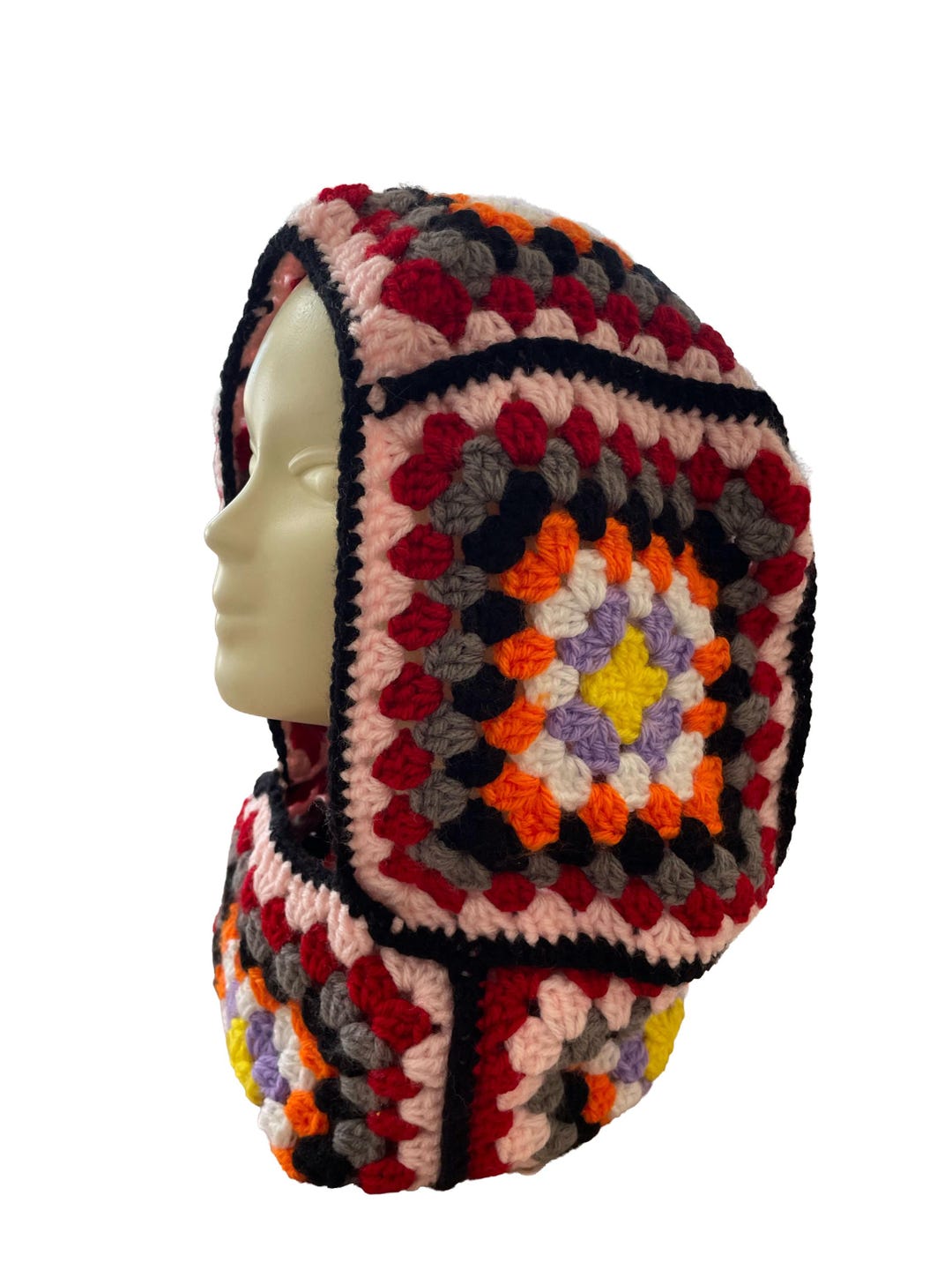 Handmade Crochet Granny Square Balaclava Hood, Boho Winter Hooded Scarf ...