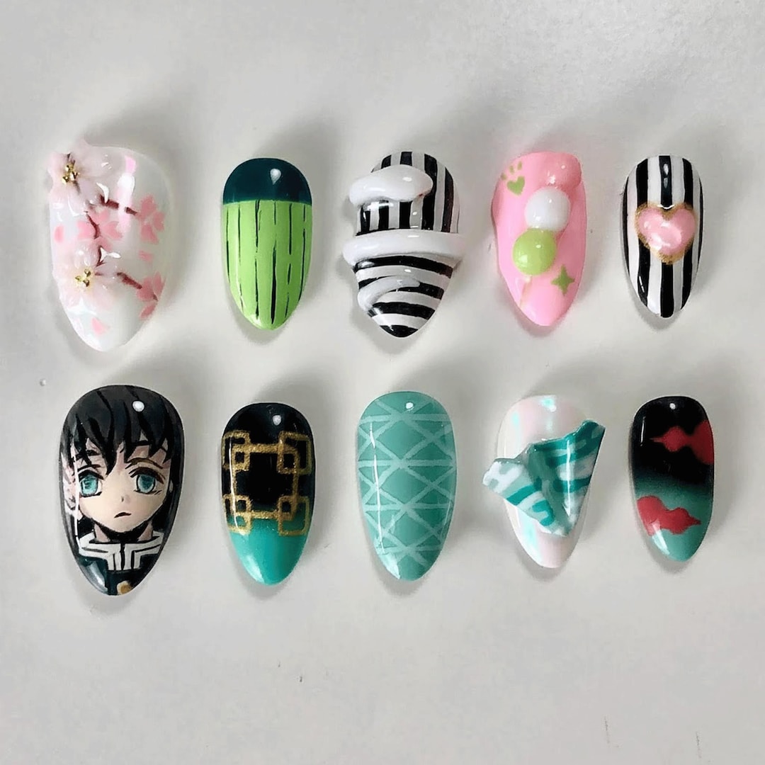 Muichiro Tokito Press on Nails | Demon Slayer Anime Nails | Mint Green ...