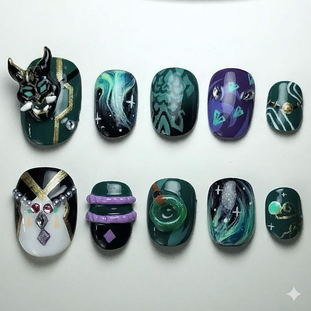 Xiao Genshin Impact Press on Nails | Luxury 3D Yaksha Mask Fake Nails ...