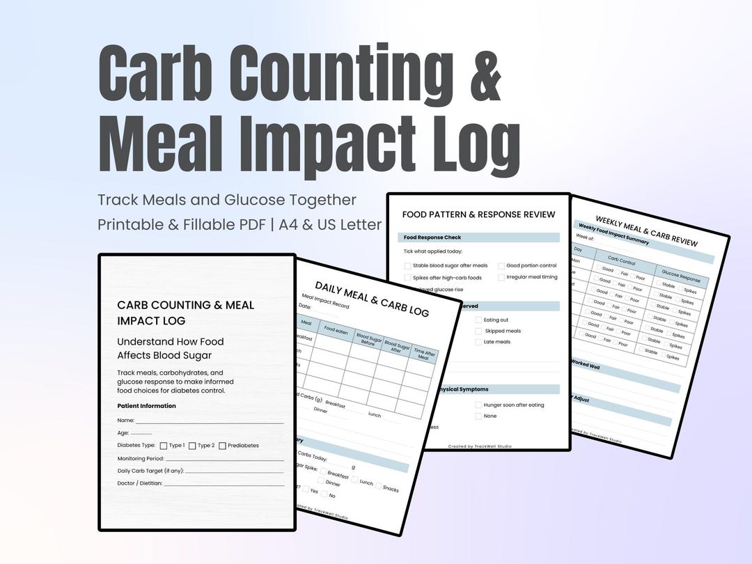 Carb Counting and Meal Impact Log | Food Tracking, Blood Sugar Before ...