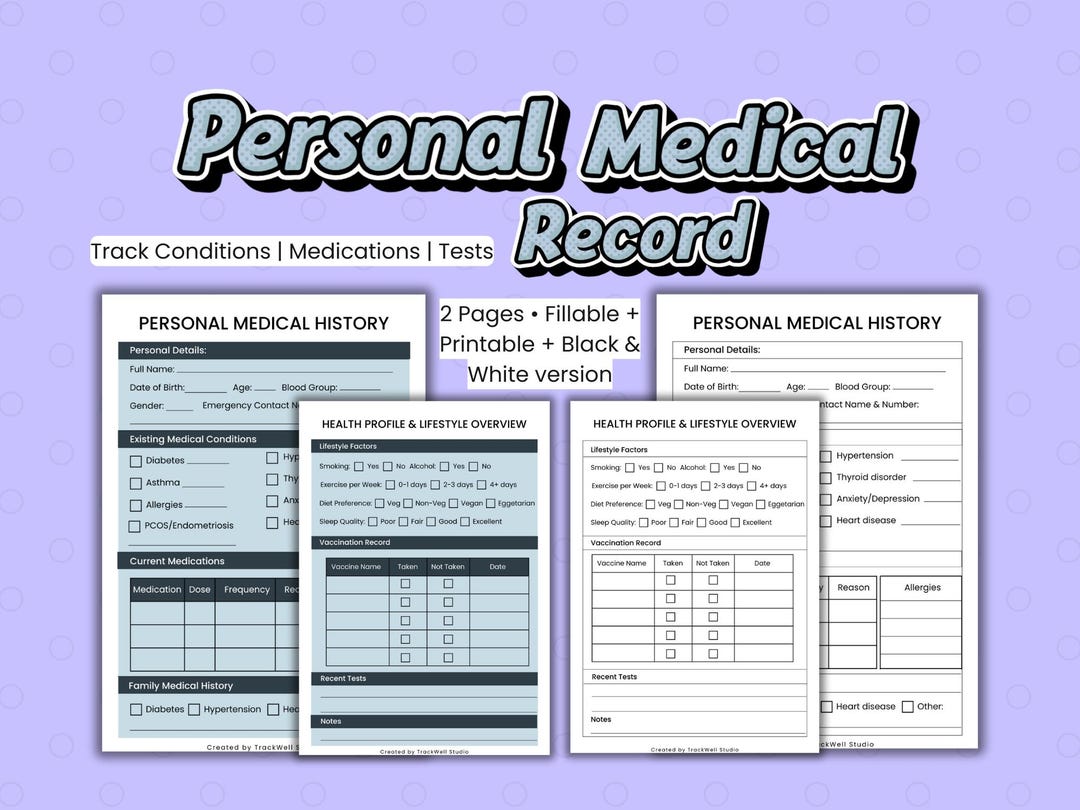 Medical History & Health Profile Form | Personal Medical Record ...
