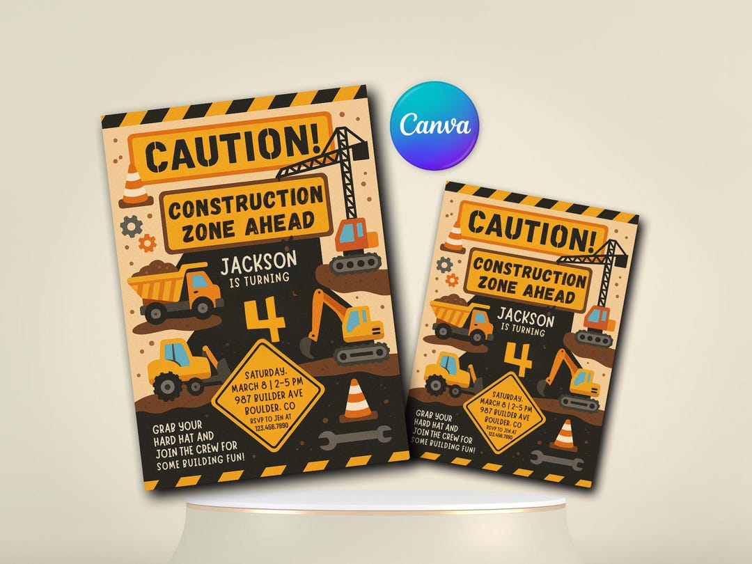 Caution Construction Party Invitation | Printable Birthday Template ...