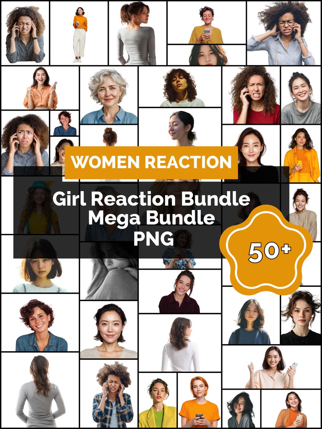 Women Reaction PNG Clipart Bundle, 50+ Female Emotions (digital ...