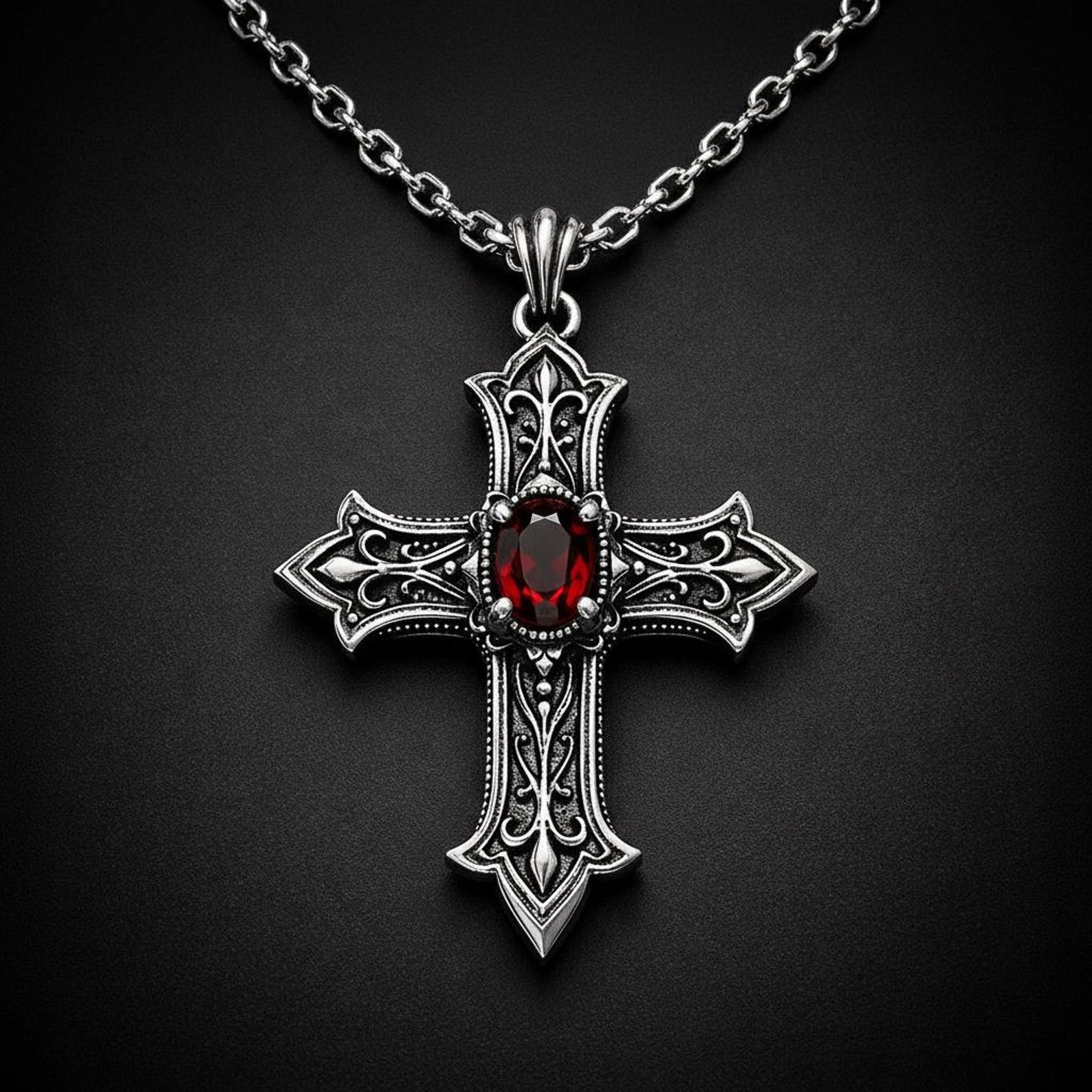 Gothic Inverted Cross Necklace Sterling Silver Red Garnet Pendant ...