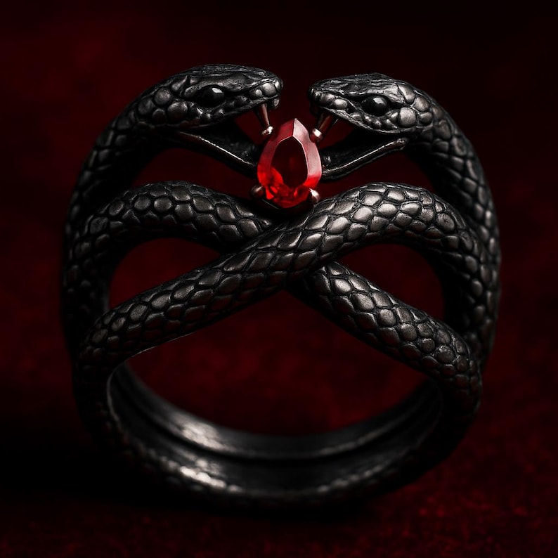 Gothic Double Snake Ring Blackened Sterling Silver Red Teardrop Stone ...