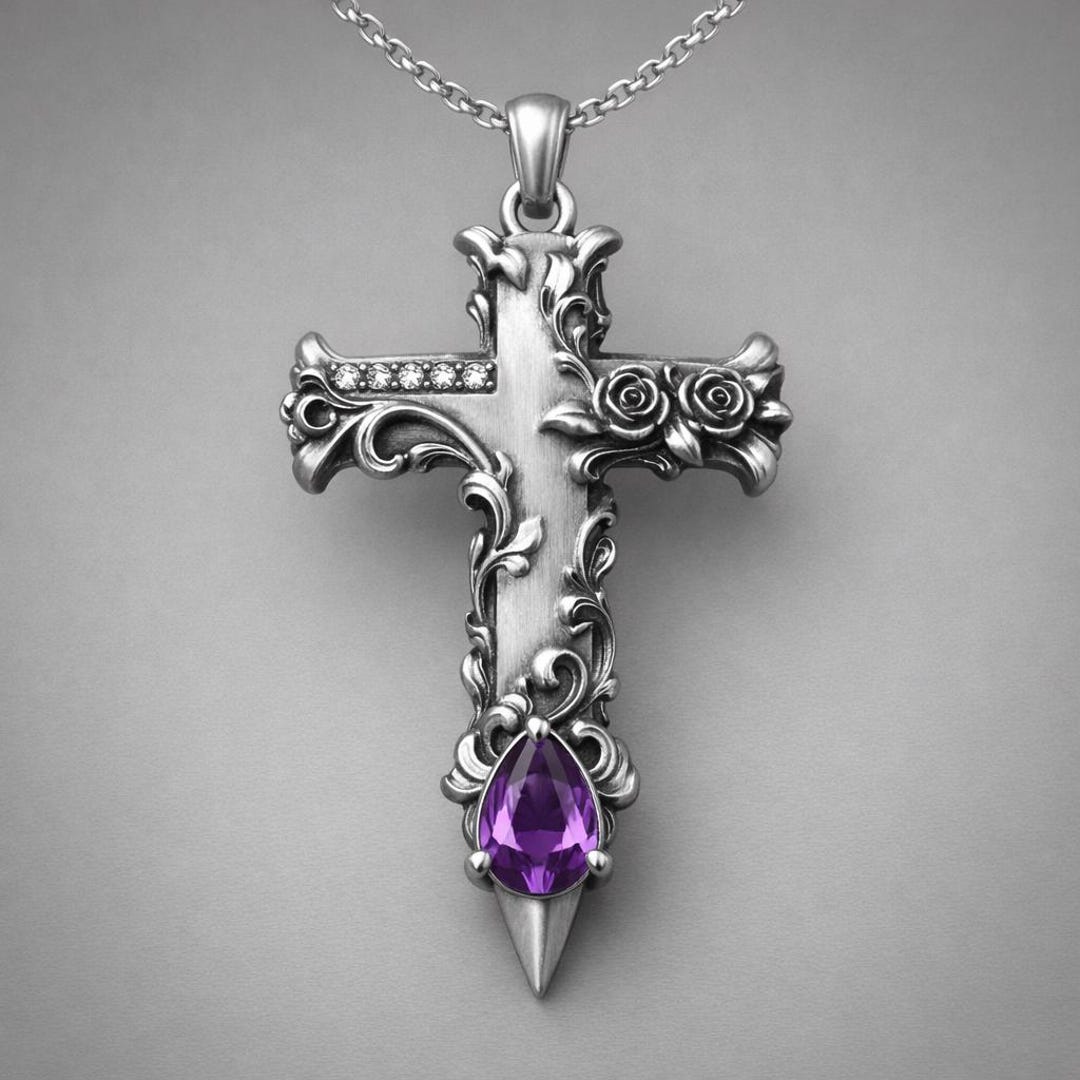 Gothic Inverted Cross Necklace Sterling Silver Rose Cross Pendant With ...