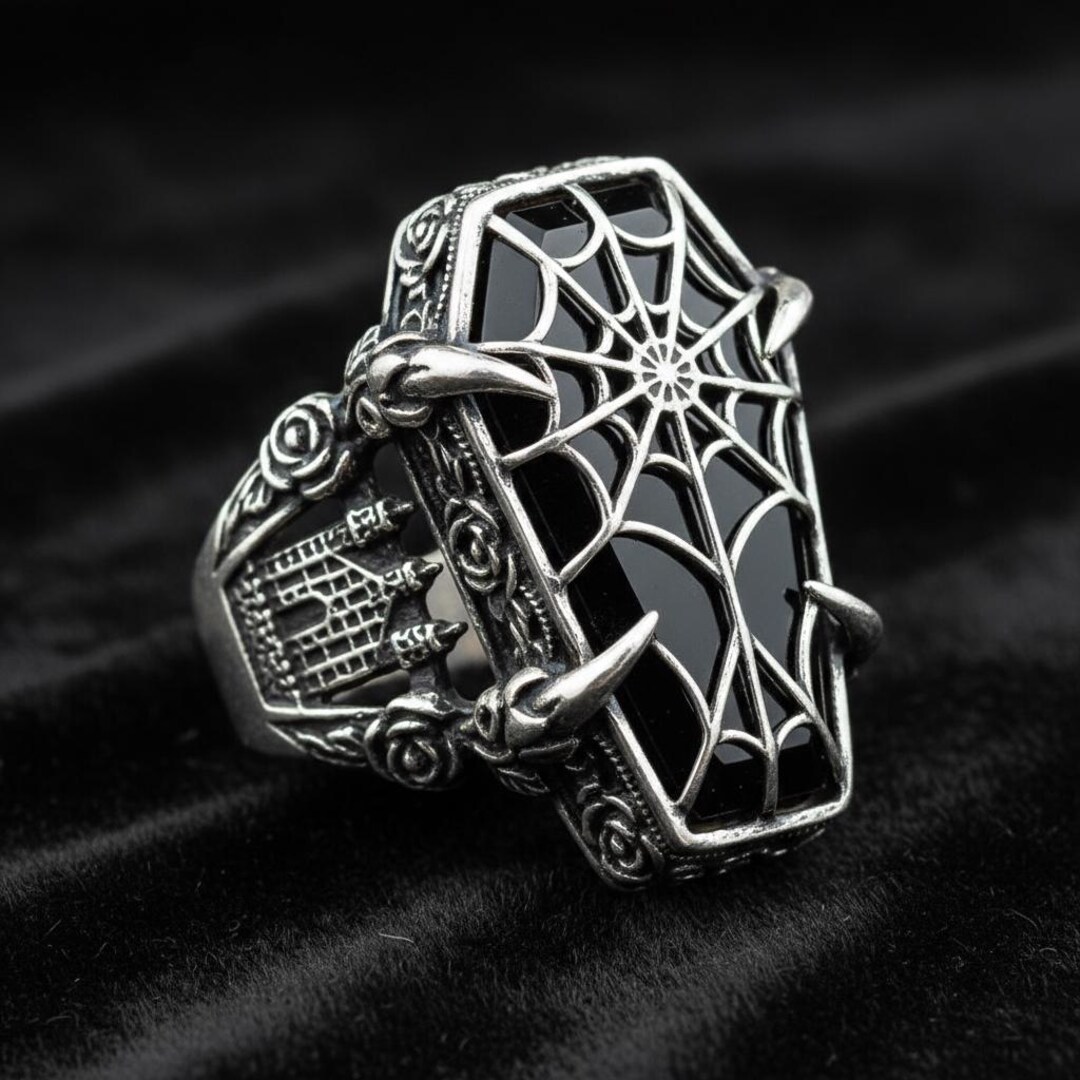 Gothic Coffin Ring – Spiderweb Black Onyx, Stainless Steel Halloween ...
