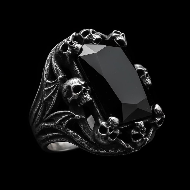 Gothic Skull Ring With Large Black Stone - Etsy
