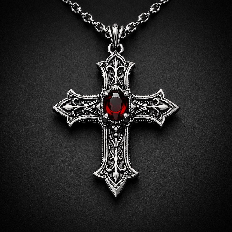 Gothic Inverted Cross Necklace Sterling Silver Red Garnet Pendant ...
