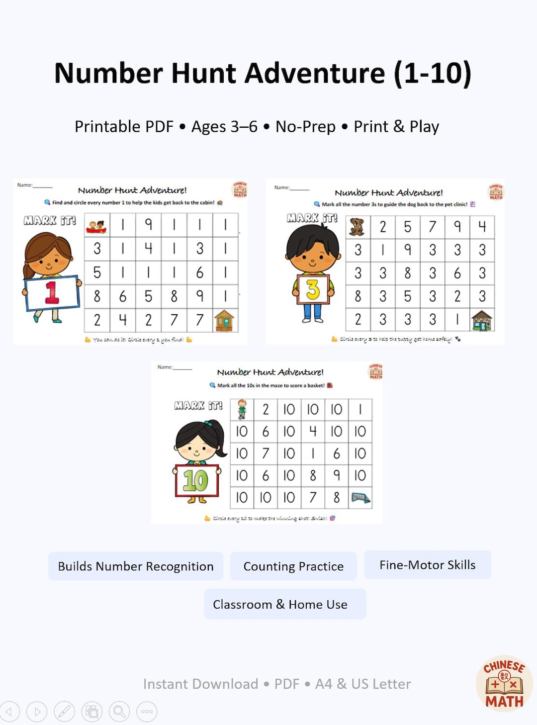 Number Hunt Game 1-10 | Printable Preschool Workbook | Find the Numbers ...