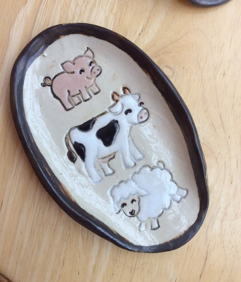 Oval Spoon Rest With Dogs or Farm Animals Handmade Stoneware | Etsy